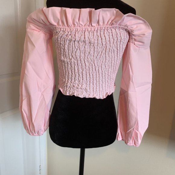Tops | Off Shoulder Pink Ruffle Trim Shirred Crop Blouse | Poshmark